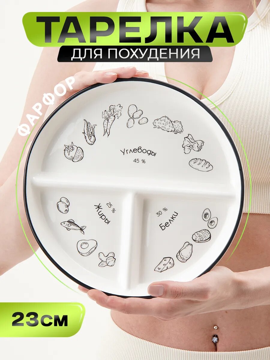 Тарелка фарфоровая для правильного питания Доляна, d=23 см, 3 секции