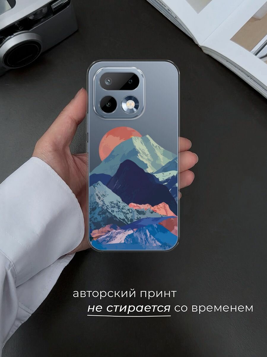 Чехол на Realme 16 Pro / Реалме 16 Про с принтом Закат в снежных горах, прозрачный — фото 1