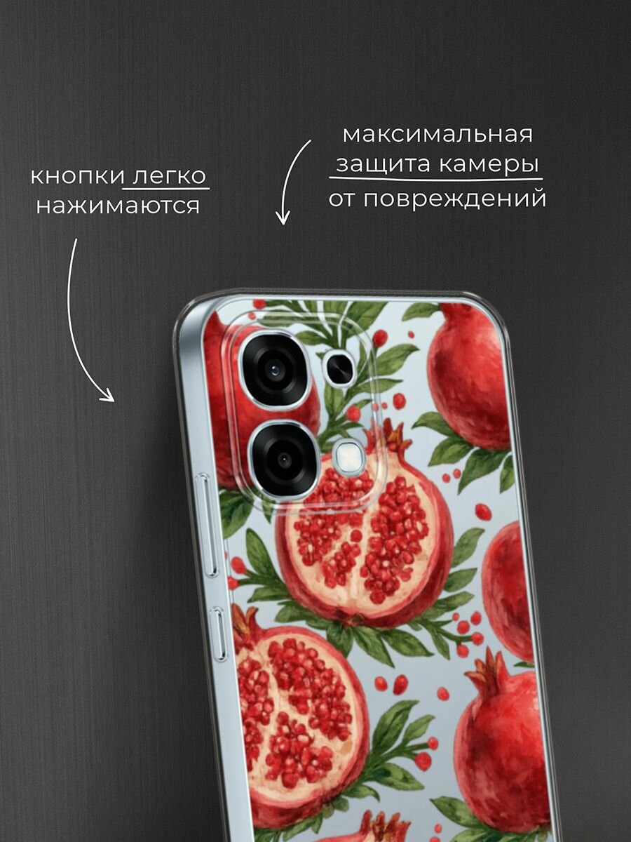 Чехол на Oppo A6 Pro / Оппо A6 Про с принтом Гранат с листьями, прозрачный — фото 1