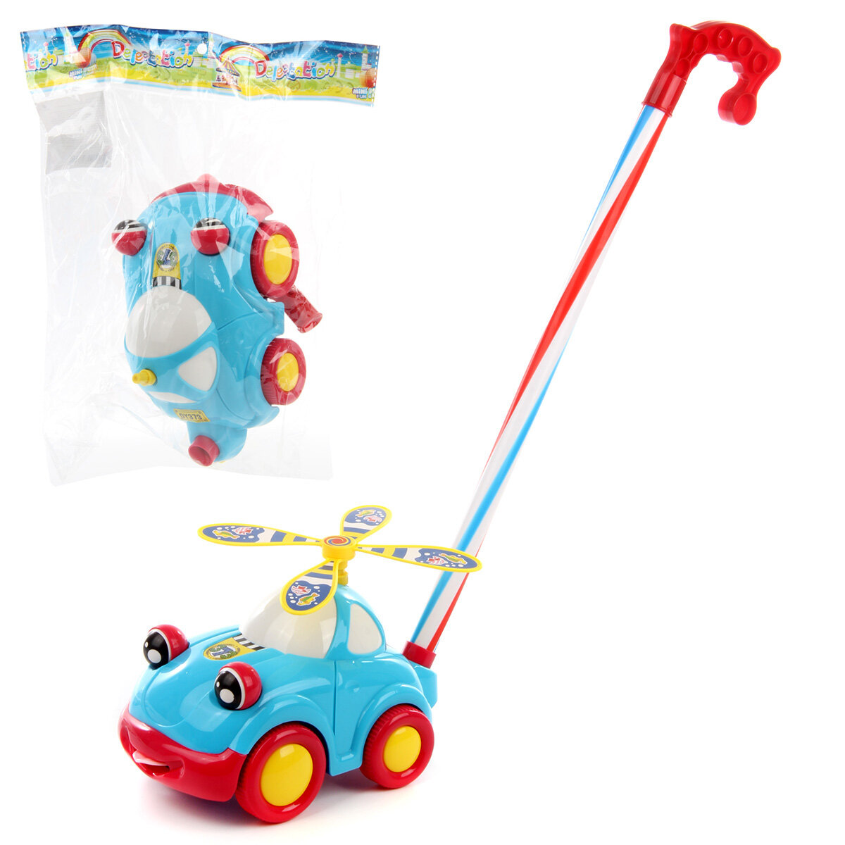 Каталка Veld Co "Машинка с вертушкой" 129824, полимер, на палочке, звук, цвет желто-красный