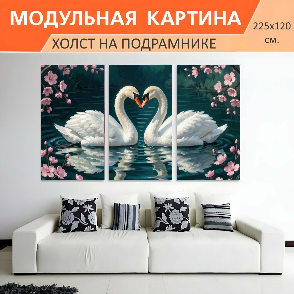Модульная картина на холсте "Лебеди в цветущем саду. Парная композиция с белоснежными птицами на тёмной воде, окружённая нежными." триптих на подрамнике 225х120 см. для интерьера