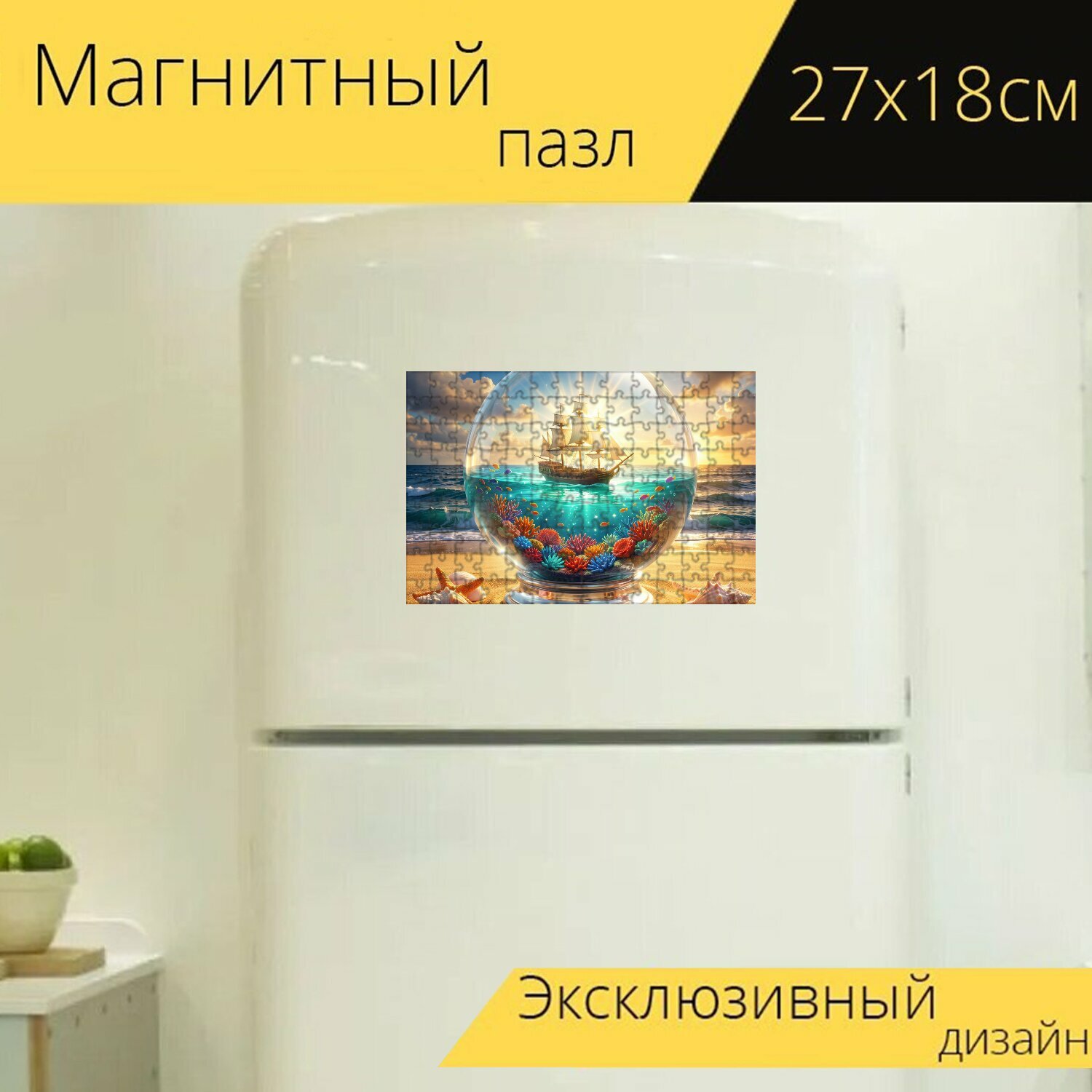 Магнитный пазл "Парусник в стеклянной сфере у моря. Фантазийная морская композиция: старинный корабль под парусами в прозрачном шаре, подводные кораллы и." на холодильник 27 x 18 см.