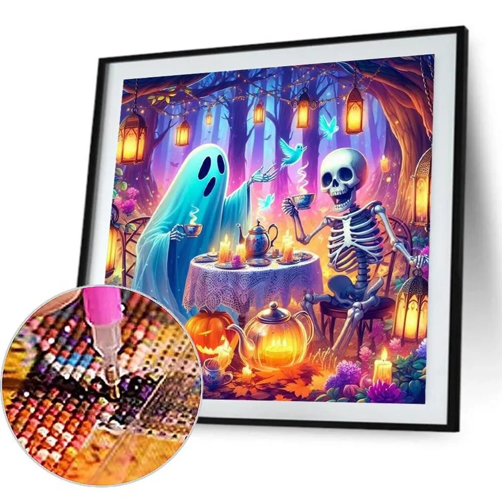 Диамантная картина Череп и призрак в стиле абстракция, 40 40 см, 5D DIY набор с резиновыми стразами