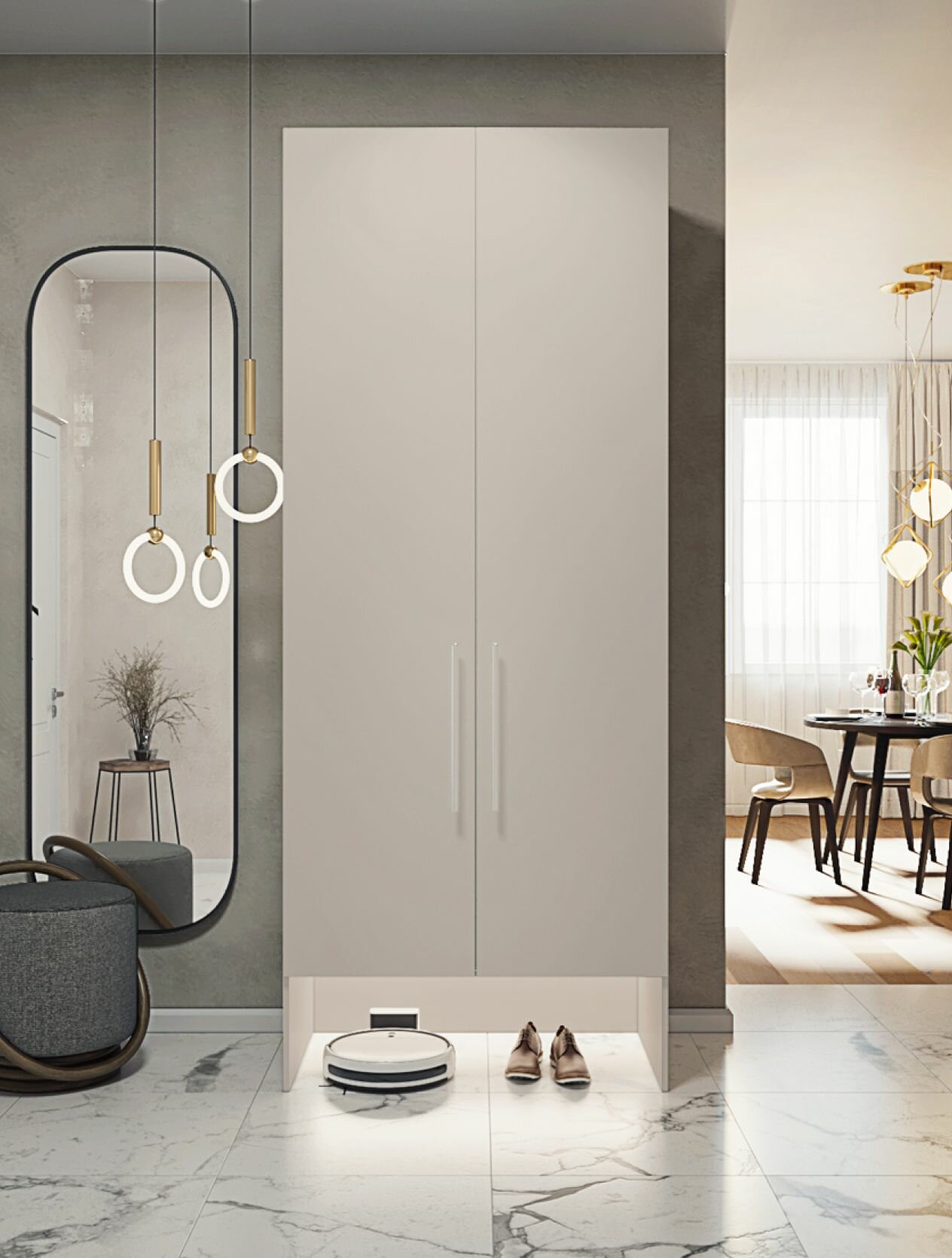 Casa Mia 90x60x230 см. Шкаф в прихожую парящий с подсветкой, 2-дверный, кашемир, ручка рейлинг 320 мм