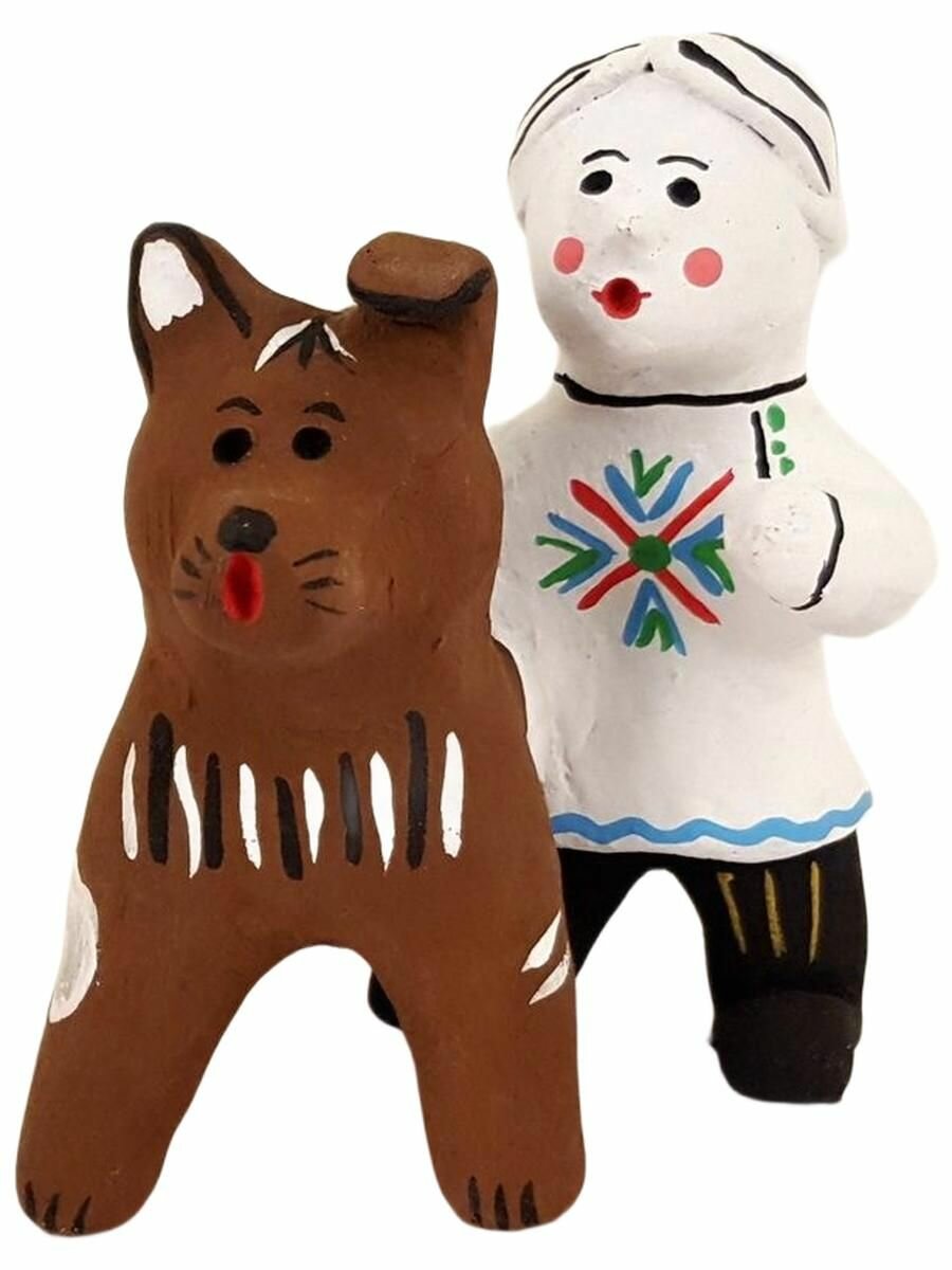 Парень с собакой-2, Каргопольская глиняная игрушка, ручная авторская работа