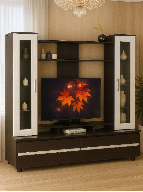 Стенка в гостиную "Эльза-2" цвет: корпус венге/фасады бодега светлая размер: 1800x423x1582 мм