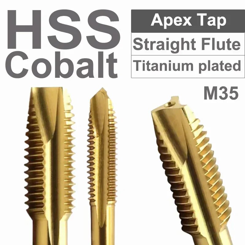 Метрический кобальтовый метчик M35 HSS с титановым покрытием, прямая/спиральная флейта, машинная резьба для металла M2 M2,5 M3 M4 M5 M6 M8 M10 M12 M14 M16