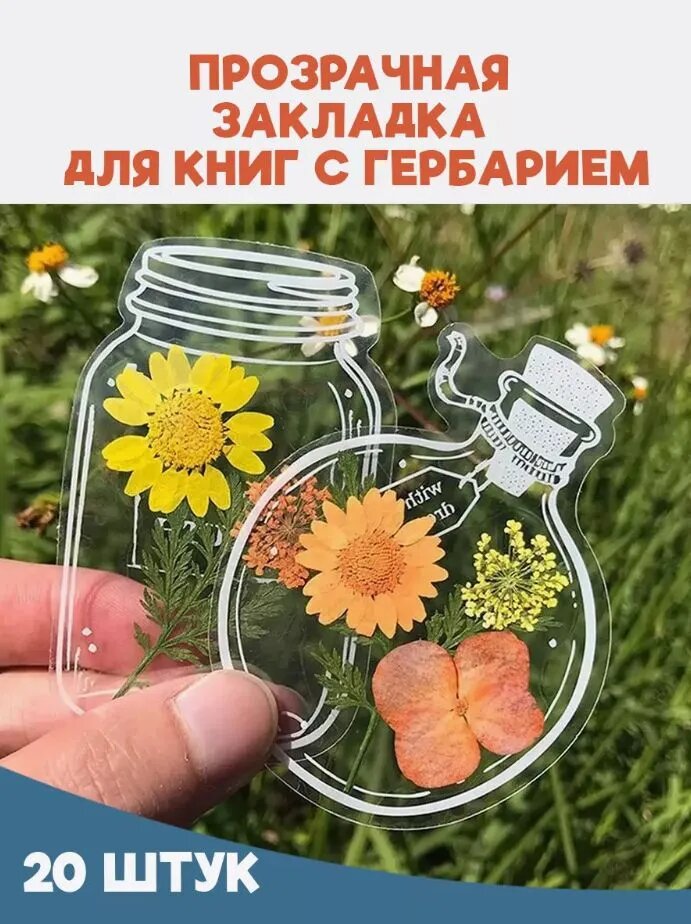 Самодельные прозрачные закладки из сухоцветов, 20 закладок для самостоятельного изготовления.