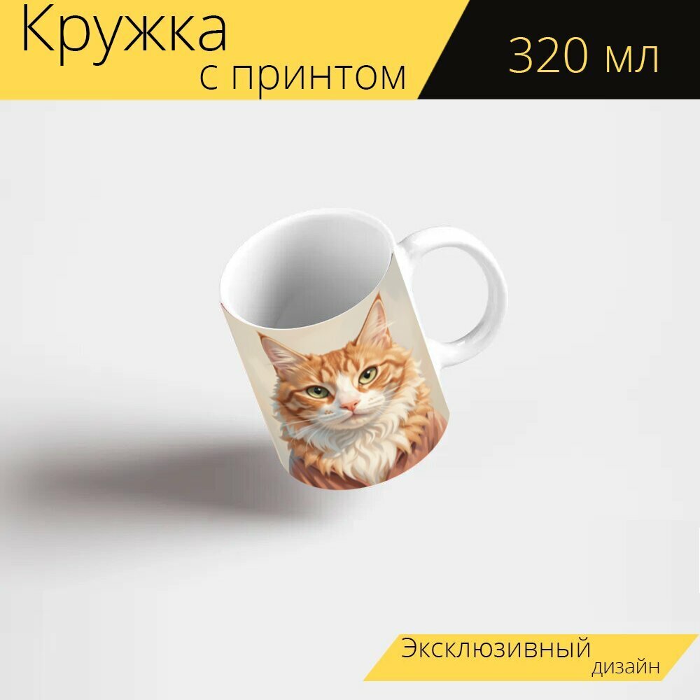 Кружка с рисунком, принтом "Рыжий кот с зелеными глазами. Пушистый рыжий питомец крупным планом в мягкой цифровой живописи, с белой грудкой и янтарной шерстью. Спокойный." 320 мл.