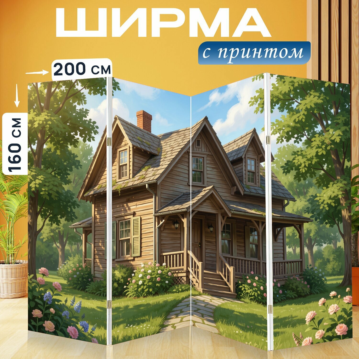 Ширма "Уютный деревянный дом в лесу. Живописный загородный коттедж среди зелени и цветущих кустов, солнечный." перегородка для зонирования комнаты с принтом 200x160 см. на холсте