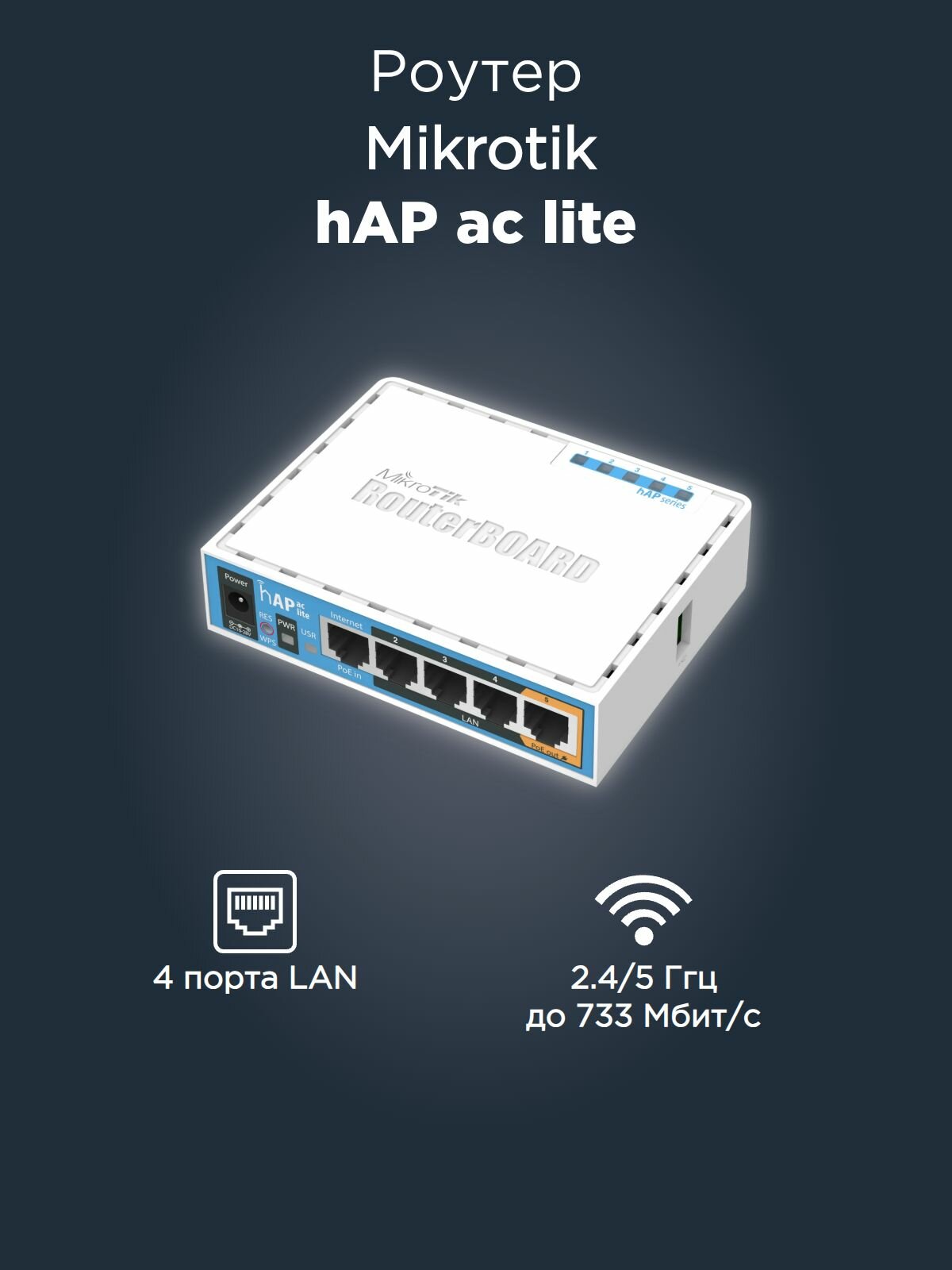 Роутер MikroTik hAP ac lite (RB952Ui-5ac2nD) 2.4/5GHz AP, 802.11ac, 3xRJ45 100 Мбит/с, 1xRJ45+PoE IN, 1xRJ45+PoE OUT, 1xUSB