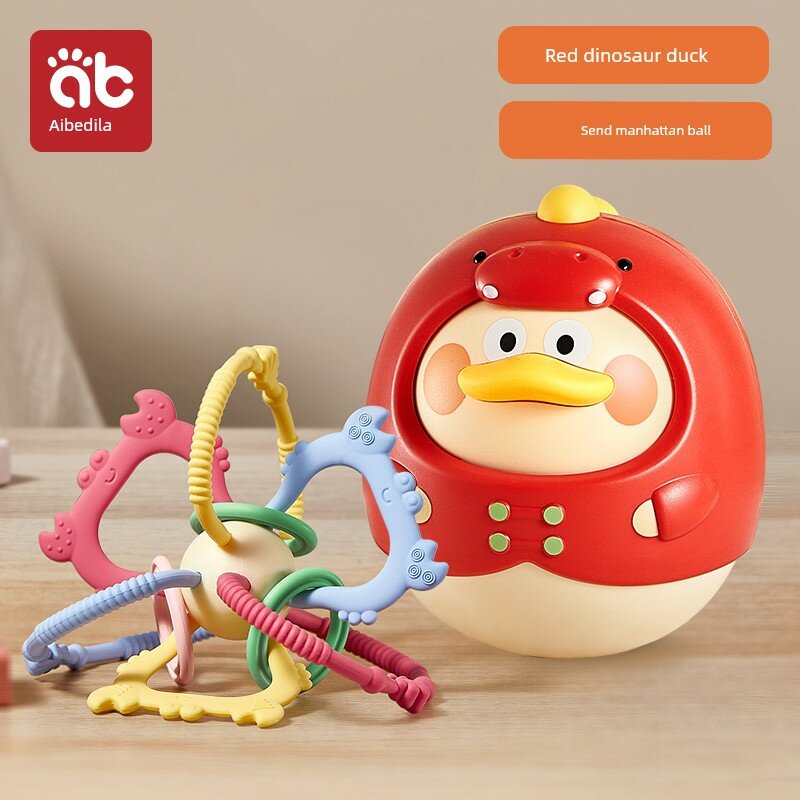 Красная игрушка-динозавр-утка с манхэттенской ручной игрушкой-мячом, развивающая игрушка для 0-3 месяцев