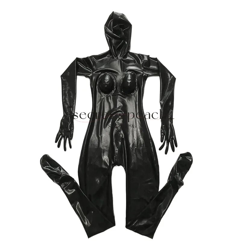 Латексный костюм кошки Zentai Боди унисекс с капюшоном перчатки носки силиконовая грудь полный чехол с задней молнией и молнией на промежности