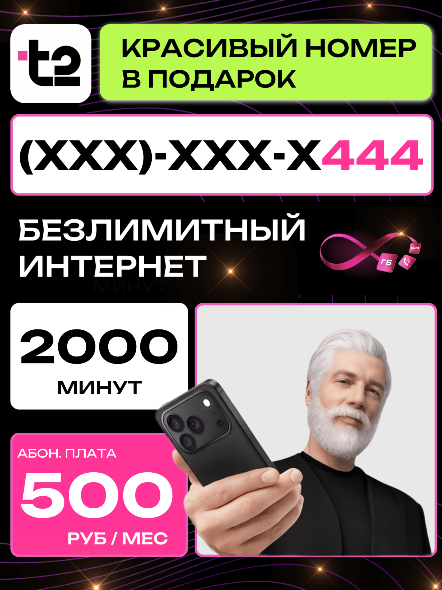 Сим карта. Красивый номер Теле2. Безлимитный интернет, 2000 минут.