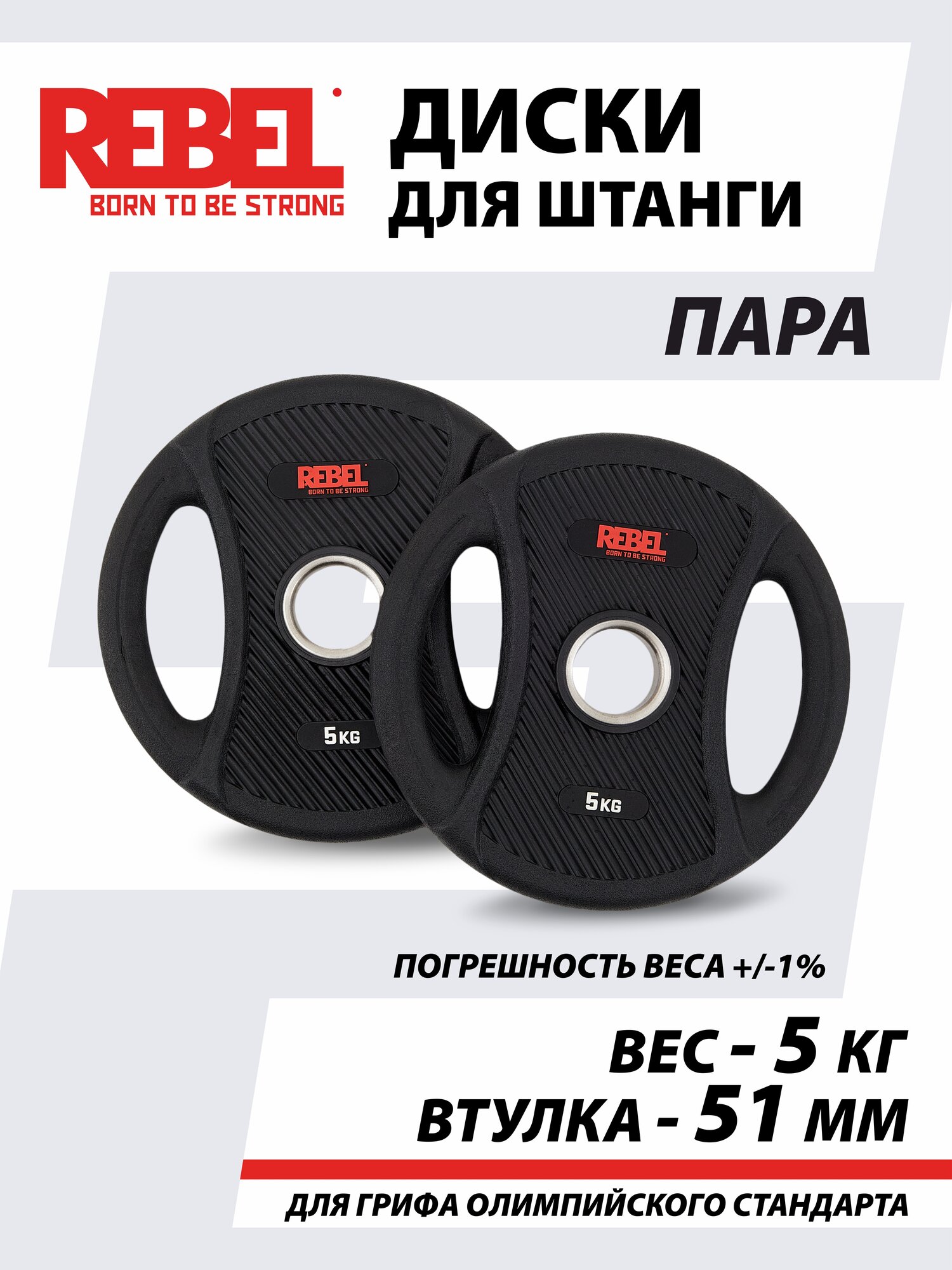 Диски для штанги 5 кг с двумя хватами REBEL R-PVP-5-PAIR (пара)