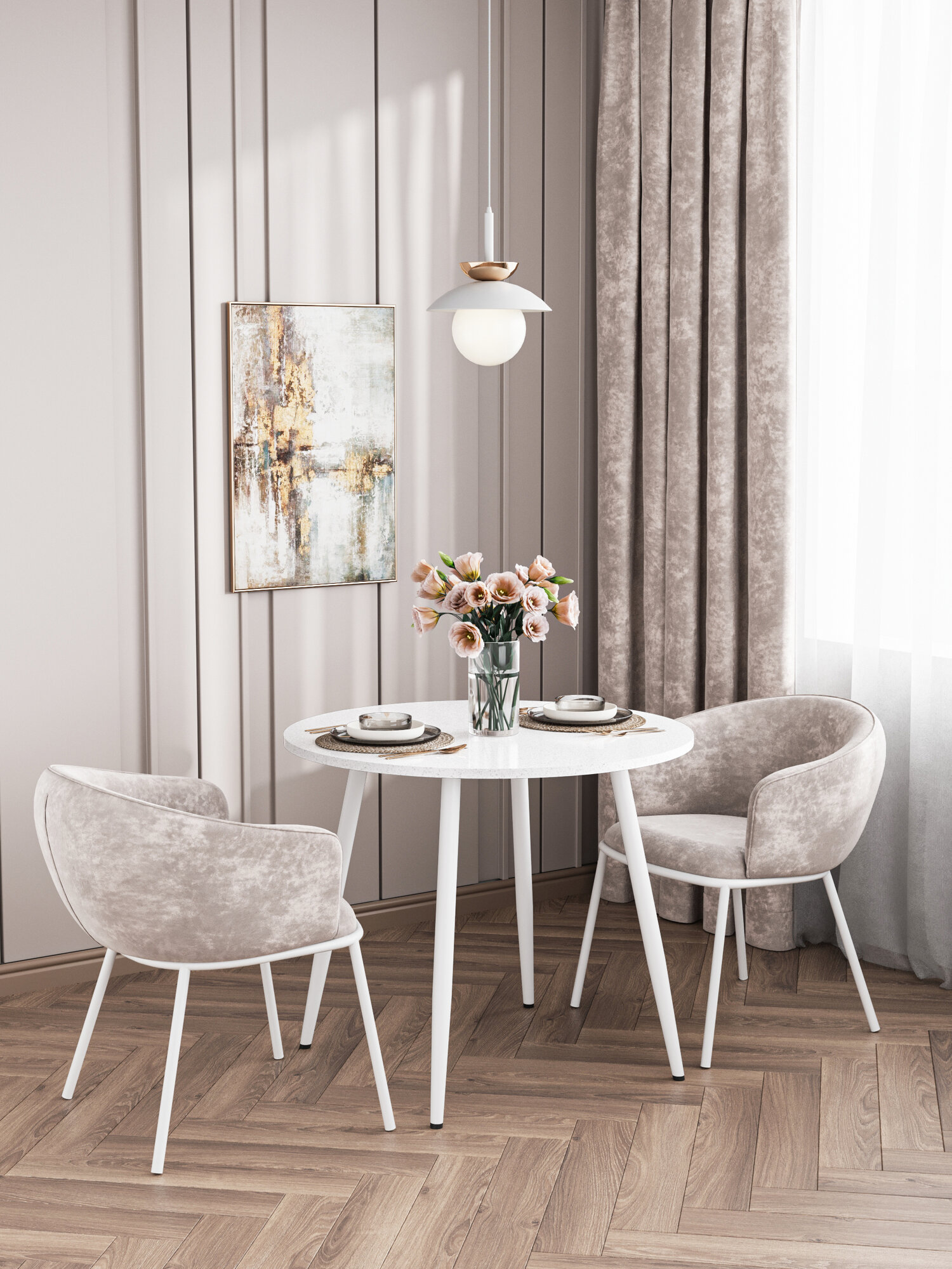 Стол Орбис кухонный, обеденный, круглый D 90 см, искусственный камень, белый гранит, 1 шт