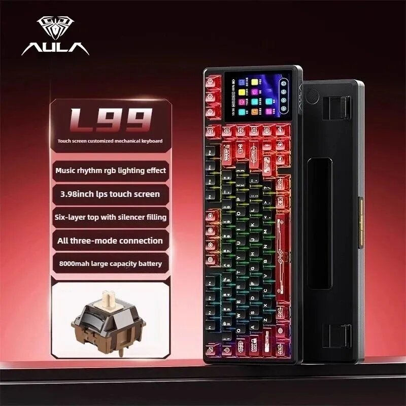 Игровая клавиатура AULA L99, Caramel Latte, красный, с RGB подсветкой, сенсорным экраном