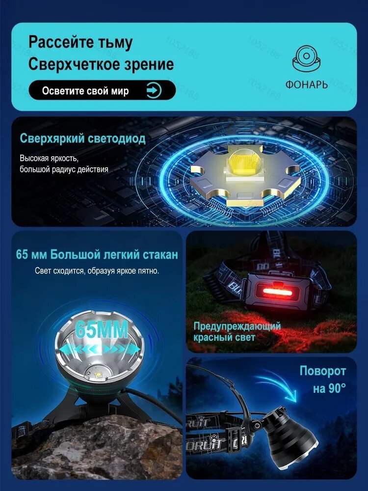 BORUIT Фонарь-прожектор 3000 люмен мощный светодиодный фонарь, дальность освещения 500 м, черный матовый — фото 1