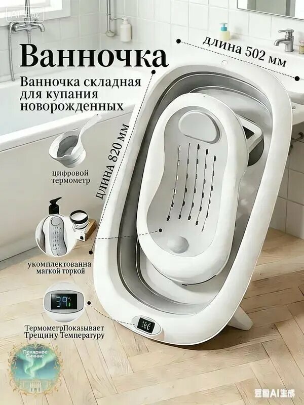 Складная ванночка для купания новорожденных 60L с термометром и анатомической горкой