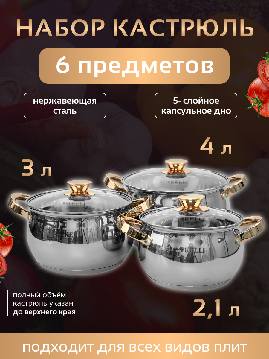 Набор кастрюль KELLI, нержавеющая сталь, капсульное дно, 2.1/3/4 л 3 шт