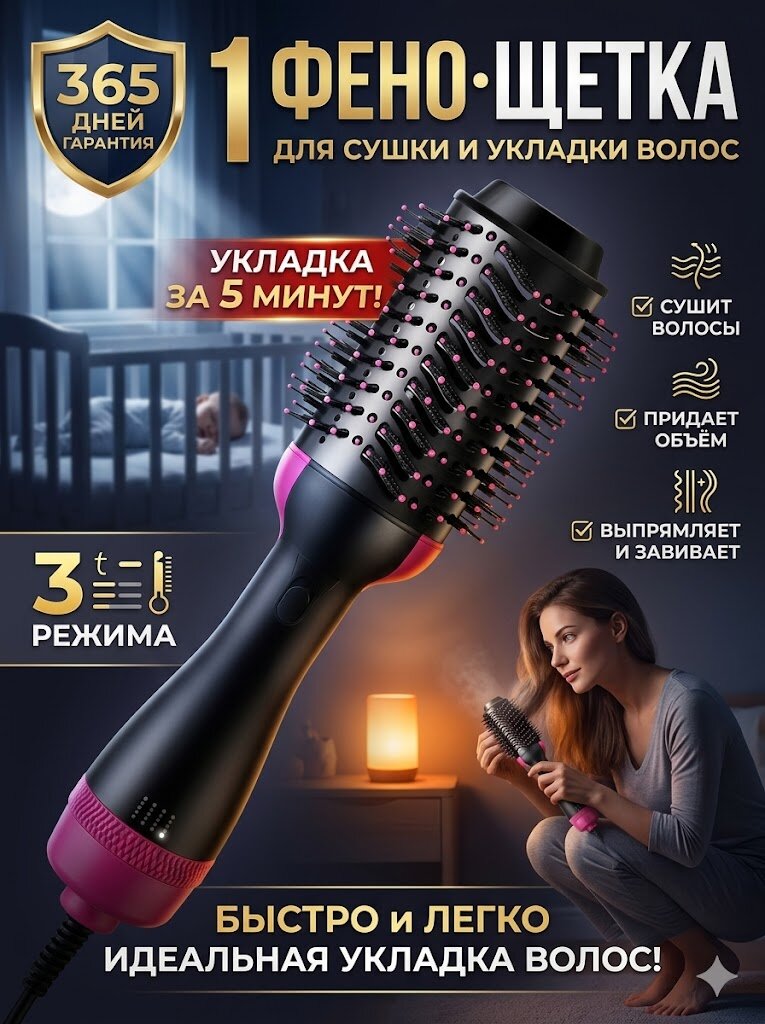 Фен-щетка для волос / Расческа с ионизацией One Step Фен-щётка (расчёска-фен) для волос Hair Dryer 3 в 1