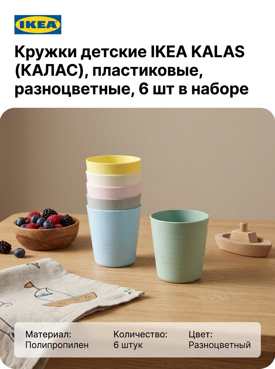 Кружки детские IKEA KALAS (калас), пластиковые, разноцветные, 6 шт в наборе
