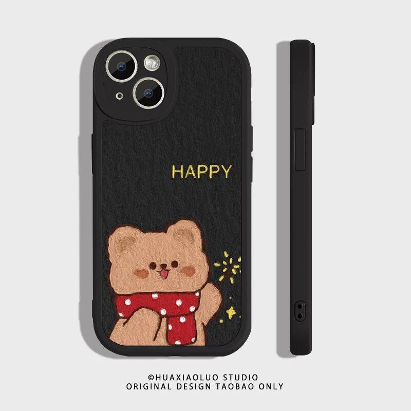 Чехол для iPhone 16 Pro с рисунком медведя, кожаный, черный