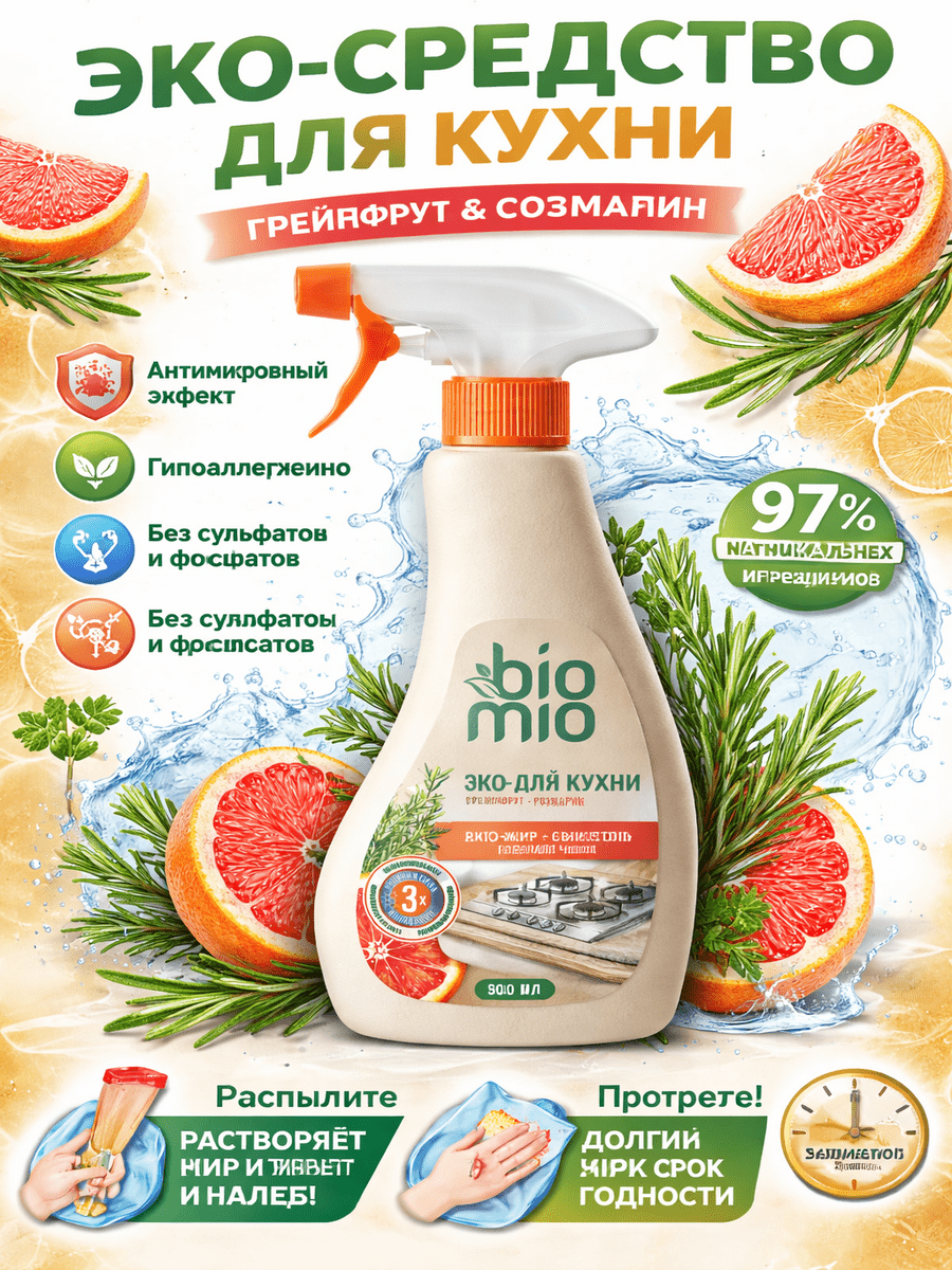 Средство чистящее для кухни BioMio Грейпфрут и розмарин, 500мл
