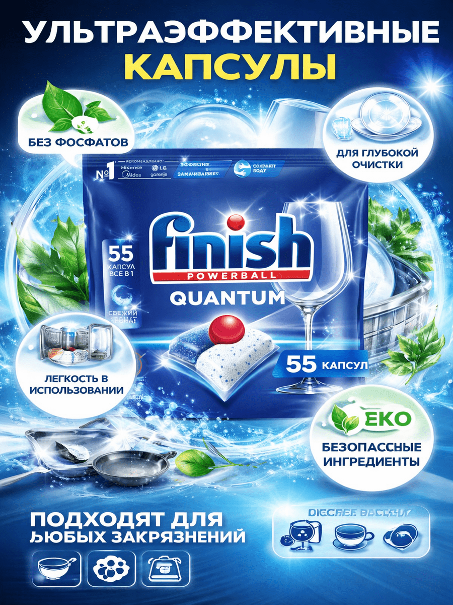 Капсулы для посудомоечной машины Finish Quantum, 55шт