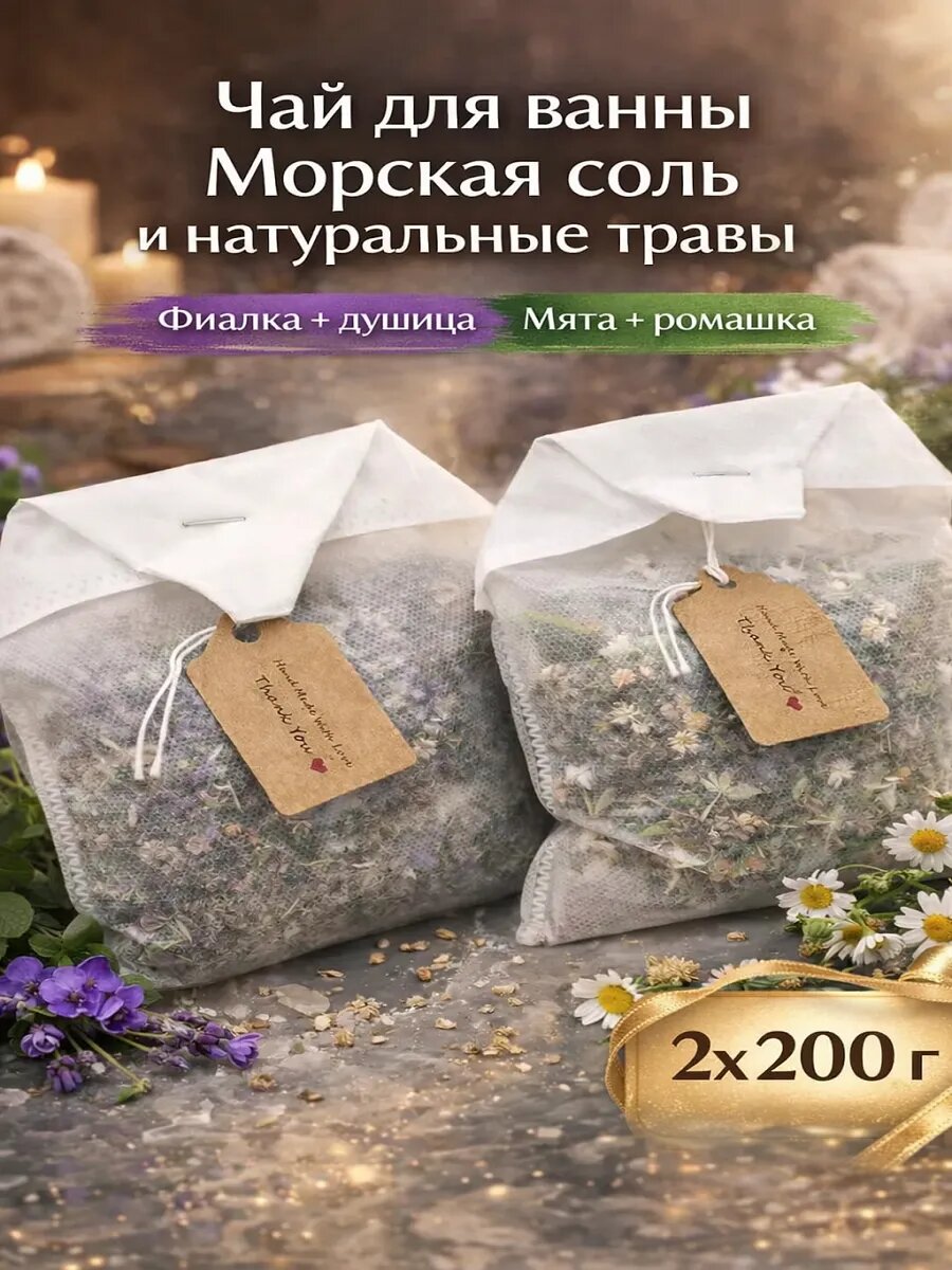 Чайные пакетики для ванны. Морская соль. Травы: Фиалка-душица, мята-ромашка