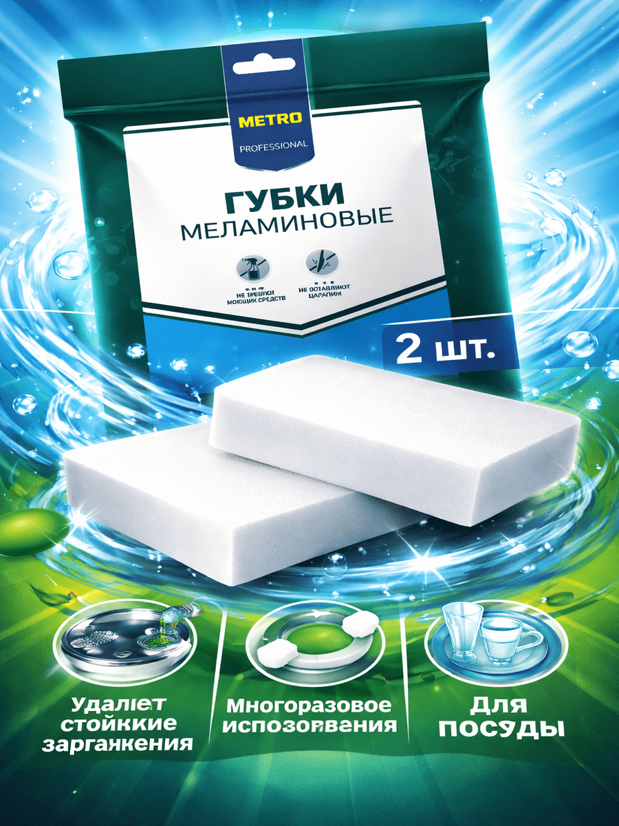 METRO PROFESSIONAL Губка меламиновая 11 х 7см, 2шт x 2 упаковки