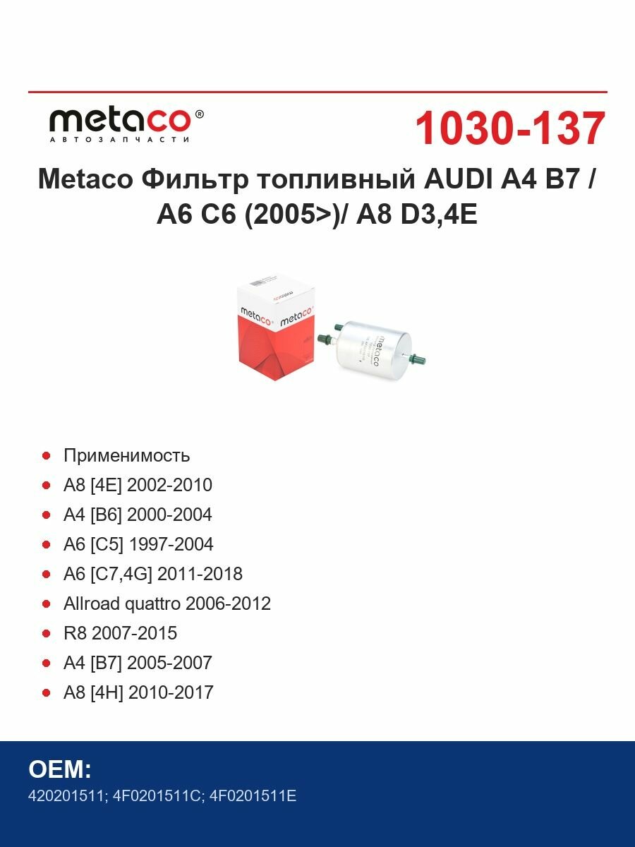 Metaco Фильтр топливный AUDI A4 B7 / A6 C6 (2005>)/ A8 D3,4E