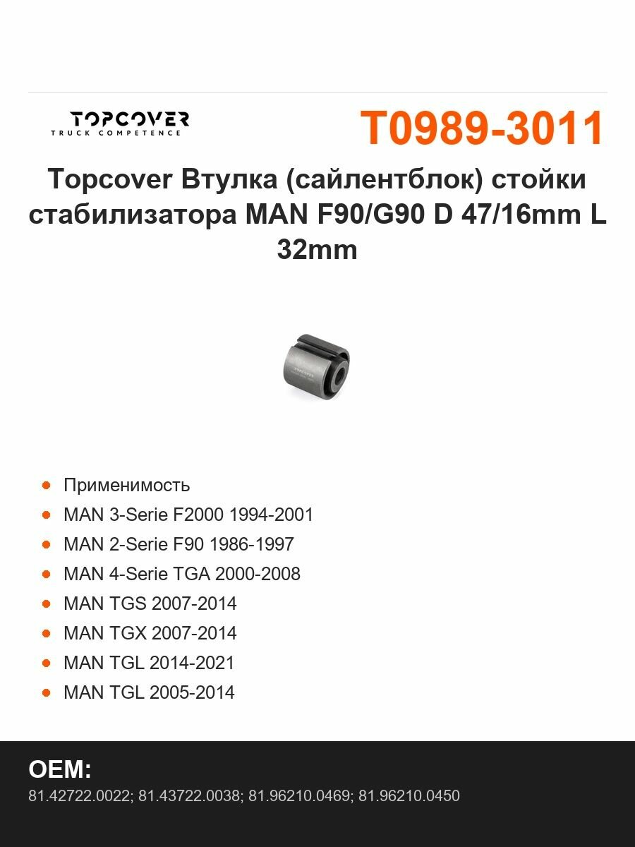 Topcover Втулка (сайлентблок) стойки стабилизатора MAN F90/G90 D 47/16mm L 32mm