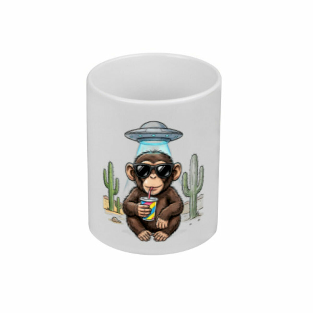 Кружка «Стильный шимпанзе с коктейлем под НЛО» (белый)