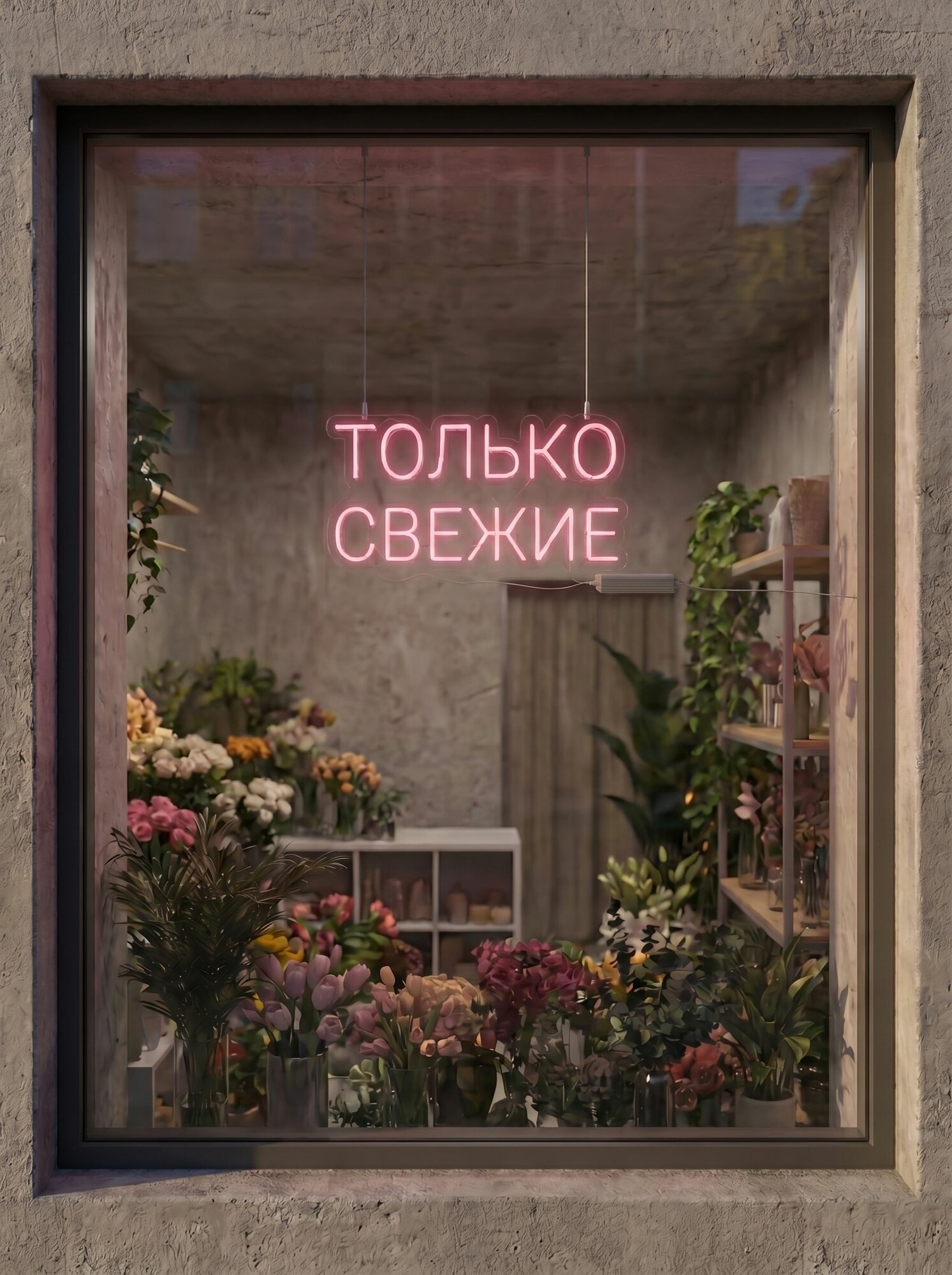 Неоновая вывеска "только свежие" 70х36см, неоновая надпись, LED светильник для цветочного магазина