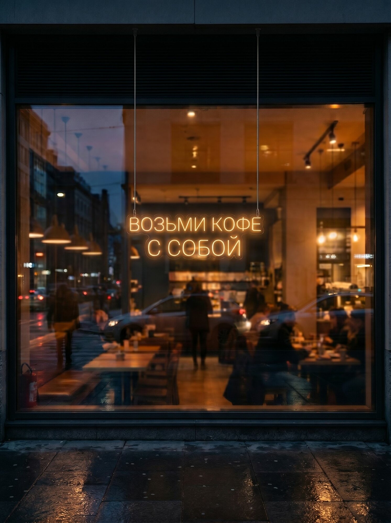Неоновая вывеска "возьми кофе С собой" 75х25см, неоновая надпись, LED светильник для кофейни