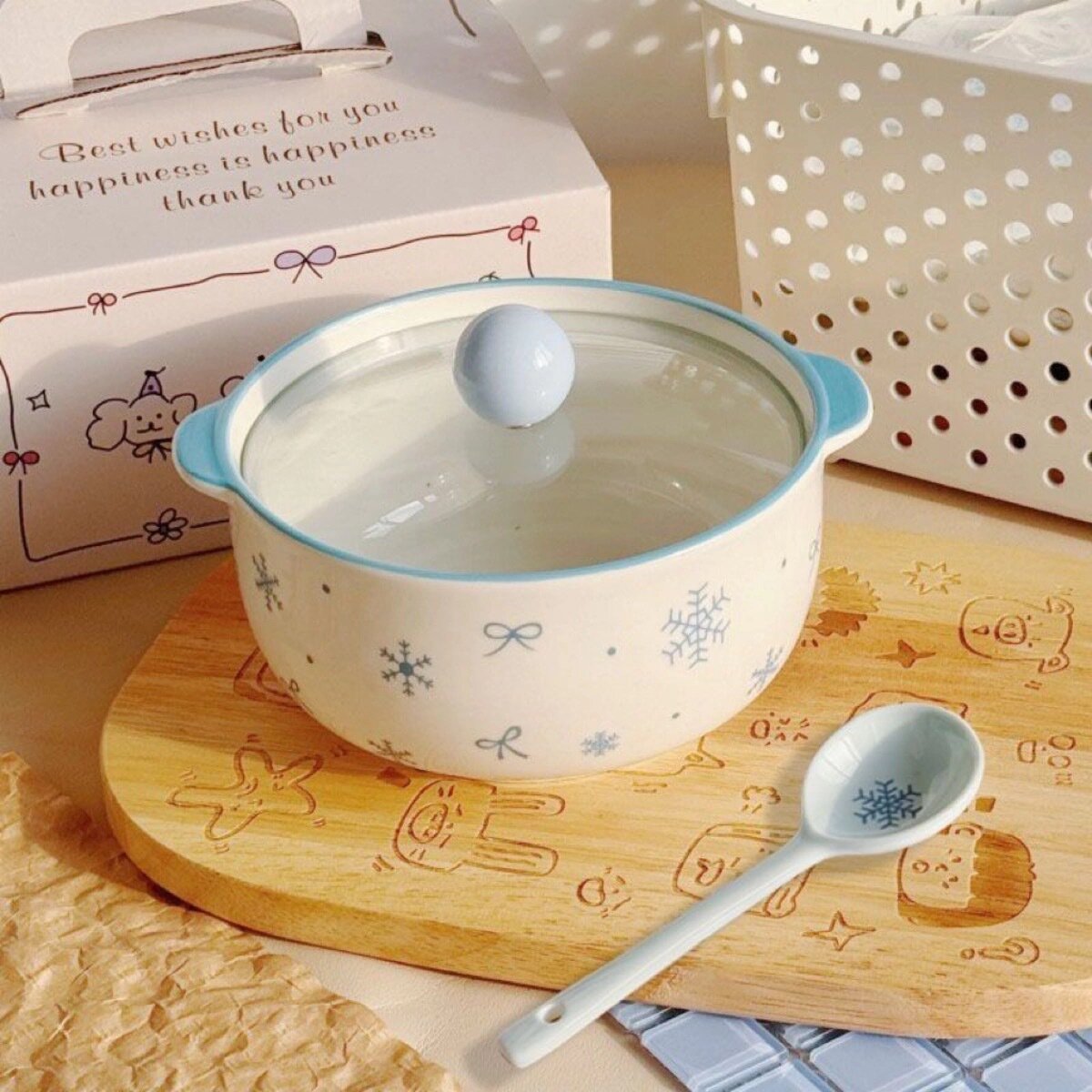 Керамическая миска для лапши быстрого приготовления Chuxue с крышкой, высокая эстетическая ценность, простая и элегантная для домашнего использования, миска для лапши, миска для риса с крышкой, суповая миска с двумя ручками.