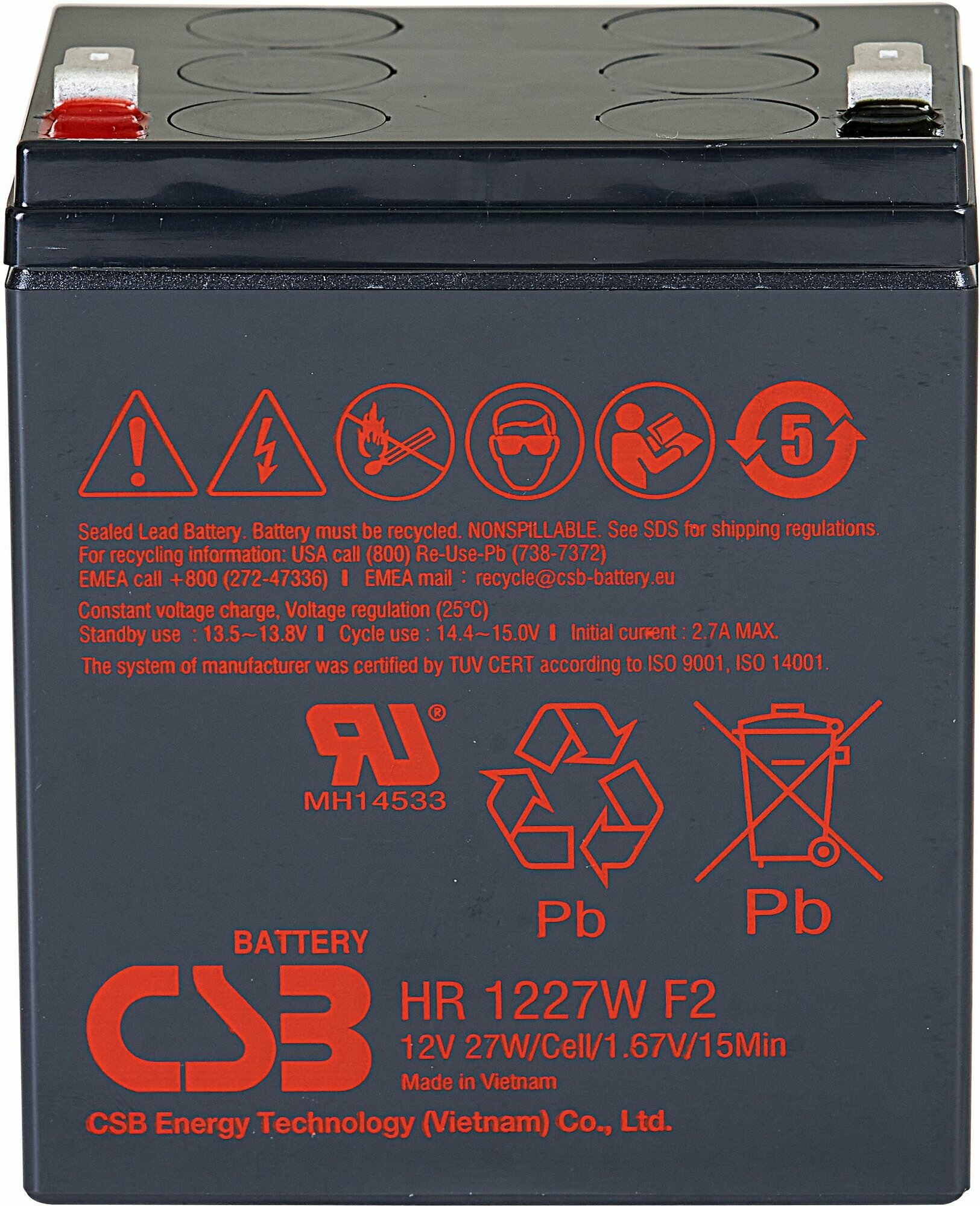 Аккумулятор для ИБП CSB серия HR, HR1227W F2, напряжение 12В, емкость 7.5Ач