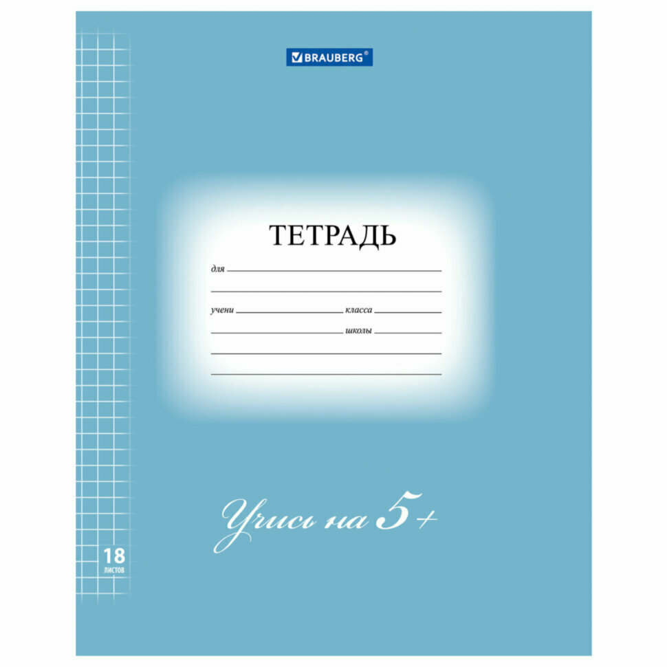 Тетрадь 18 л. BRAUBERG ЭКО "5-КА", клетка, обложка картон 170 г/м2, синяя, 402988, 402988