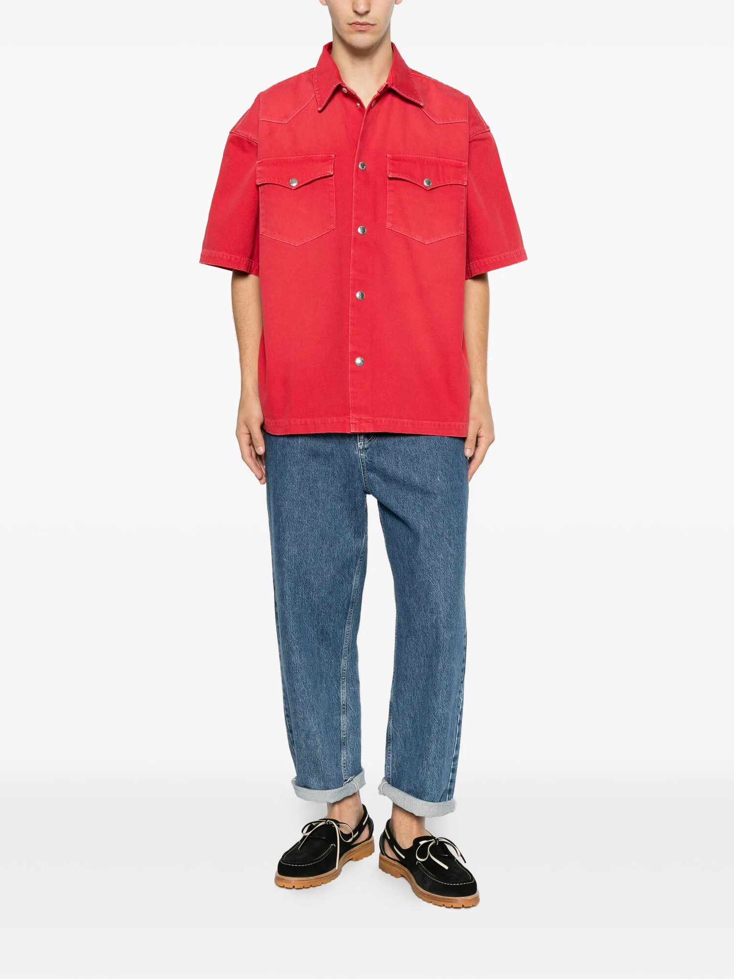 Рубашка 7 For All Mankind Logo-patch short-sleeve overshirt, размер M, red — фото 1
