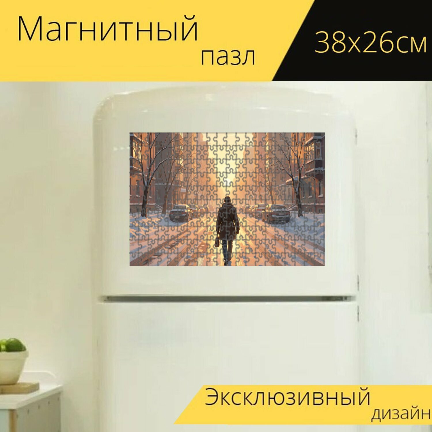 Магнитный пазл "Зимний город на рассвете. Заснеженная улица между высокими домами, одинокий прохожий идет к низкому солнцу, теплое золотое свечение, мягкая." для интерьера, 38х26 см.