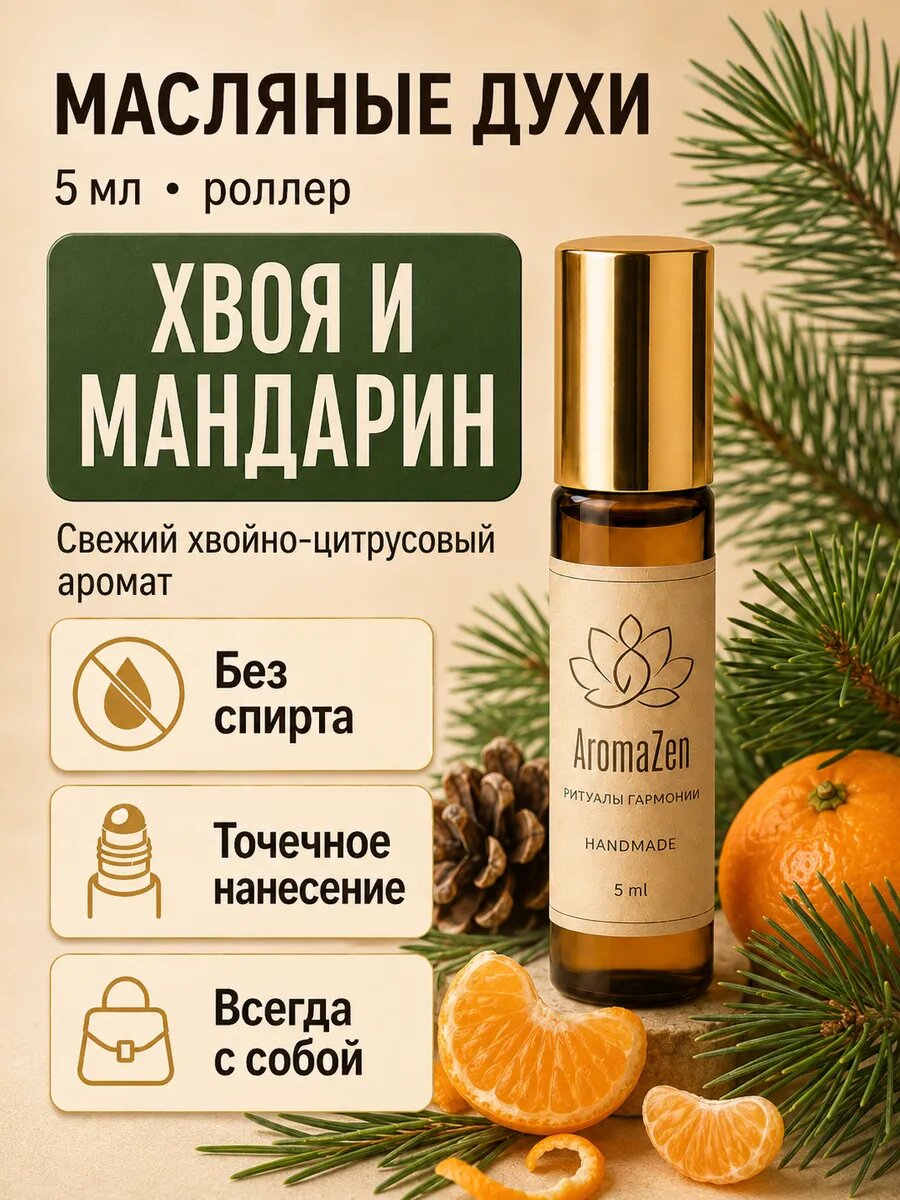 Масляные духи роллер "Хвоя и мандарин", женские, без спирта, шариковые, мл