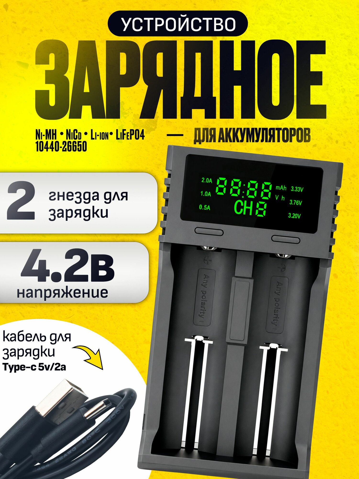 Зарядное устройство для аккумуляторов 18650 26650 21700, 2 слота, Type-C, с дисплеем, интеллектуальное зарядное для литий-ионных и Ni-MH батарей
