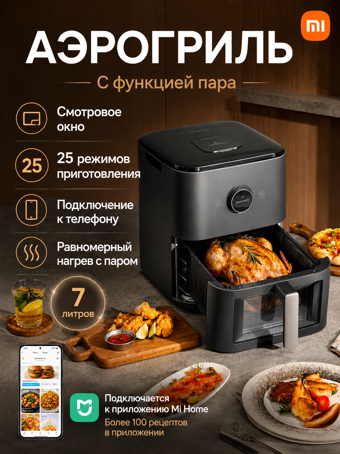 Аэрогриль 7 литров с функцией пара и окном Xiaomi Mijia (MAF-ST701)