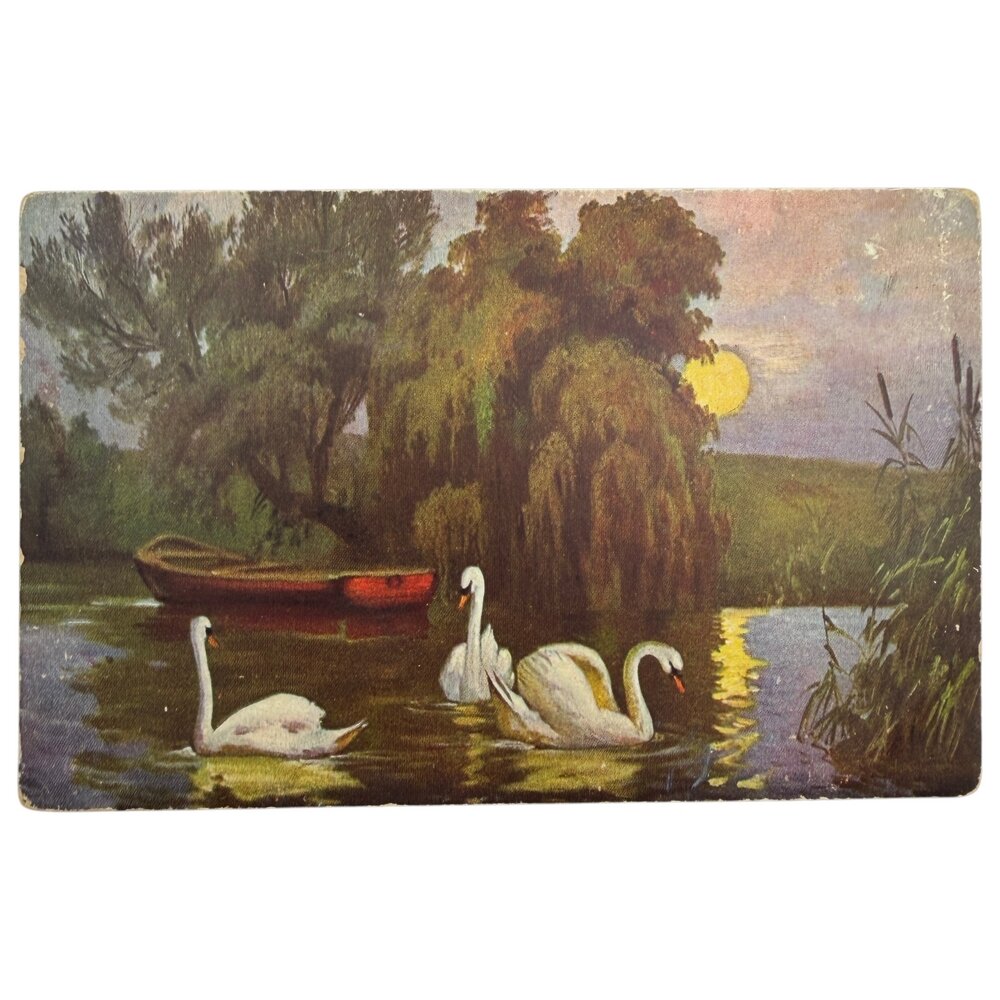 Почтовая открытка "Лебеди на реке в лунную ночь" 1900-1915 гг. Германская Империя