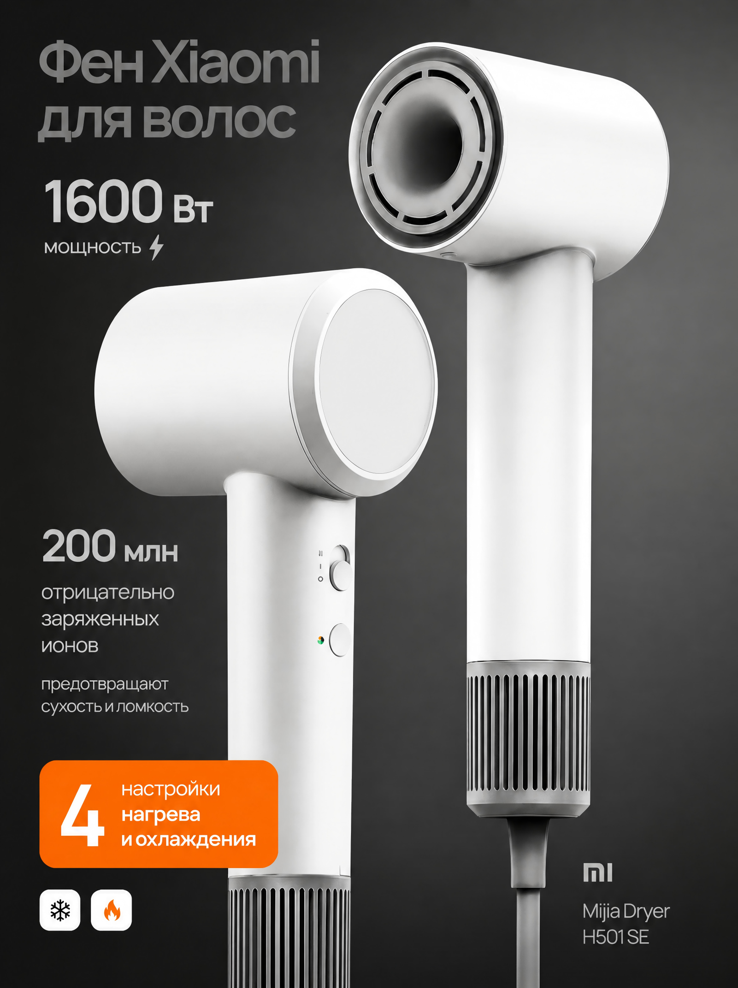 Фен для волос Xiaomi Mijia Dryer H501 (1600Вт) White CN, мощный 1600 Вт, белый, компактный и легкий.