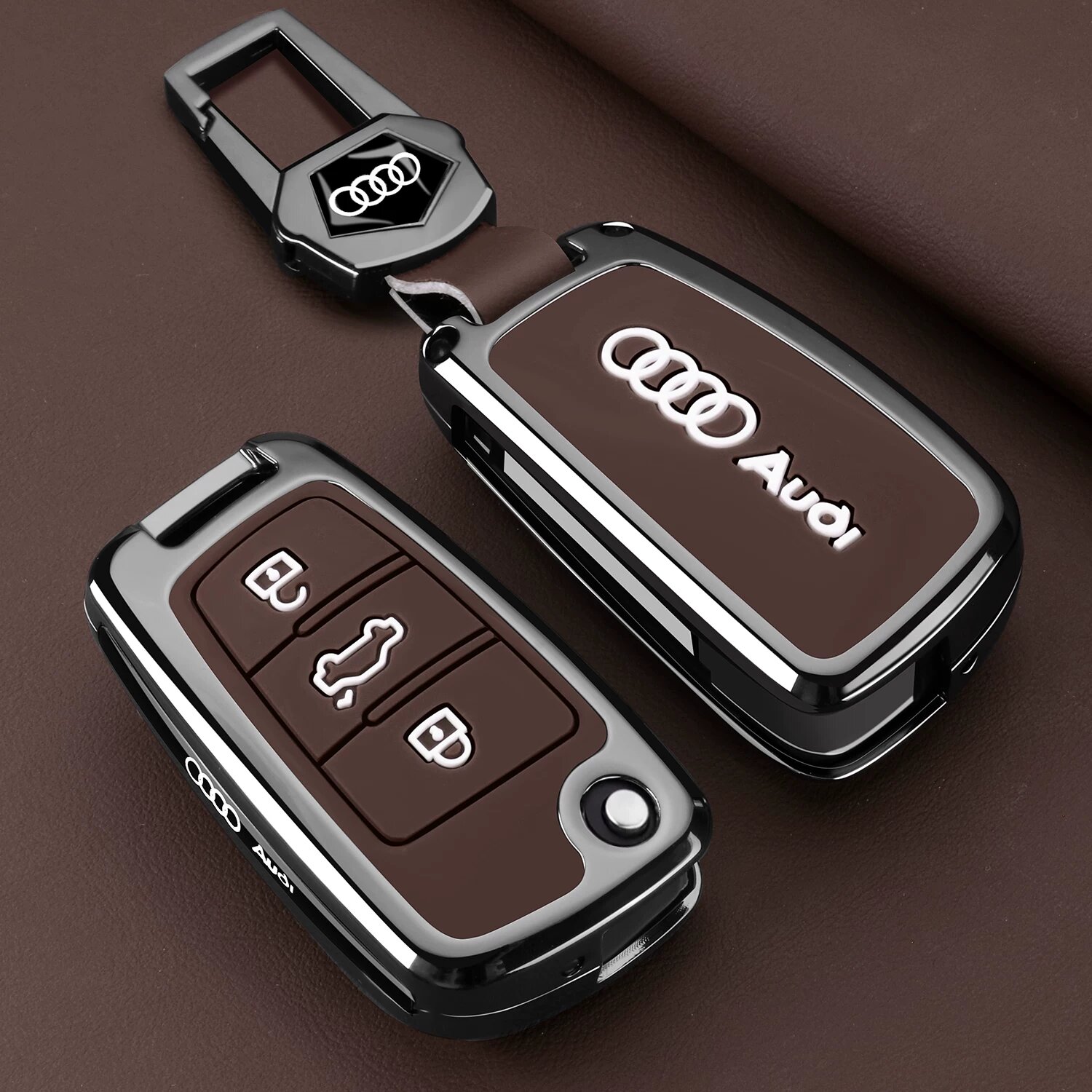 Чехол для ключей Audi Q3 с кожаным ремешком, цвет мокко-коричневый, стиль D для Audi Q3 2025 года