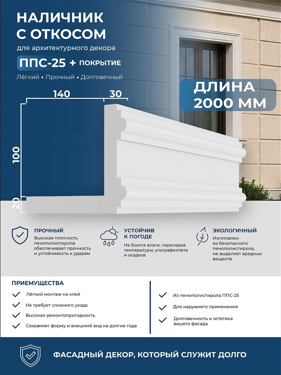 Наличник с откосом из пенополистирола IZODECOR 12х17х200 см, ППС-25 с покрытием. Фасадный декор