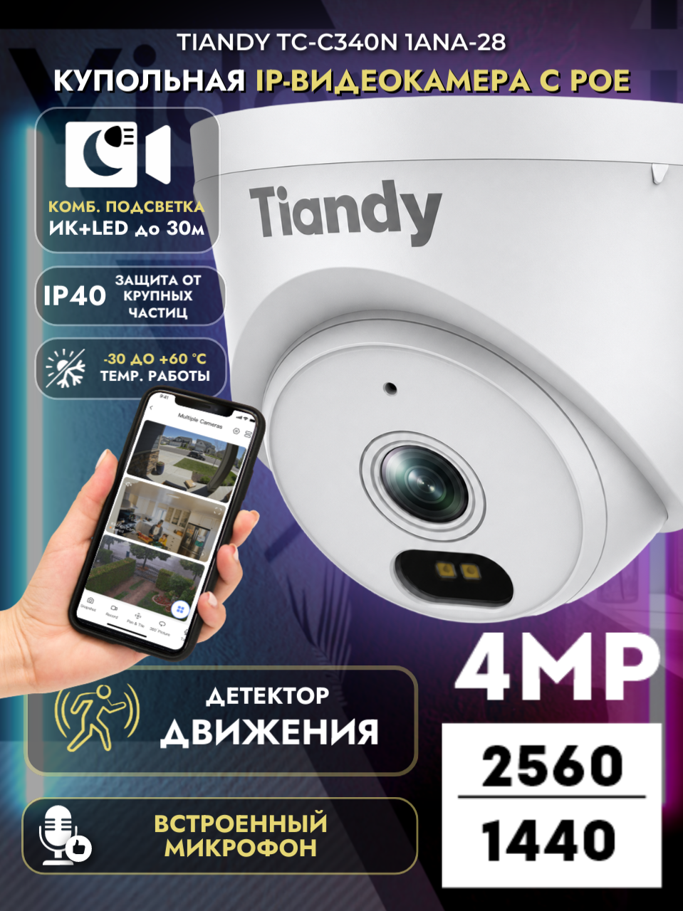 Камера видеонаблюдения TIANDY TC-C340N 1ANA-28 внутренняя 4 Мп, тип Проводной Белый Купольная