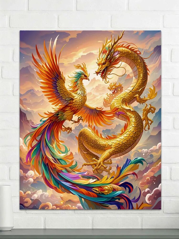 Картина "дракон и феникс" 55x75 см